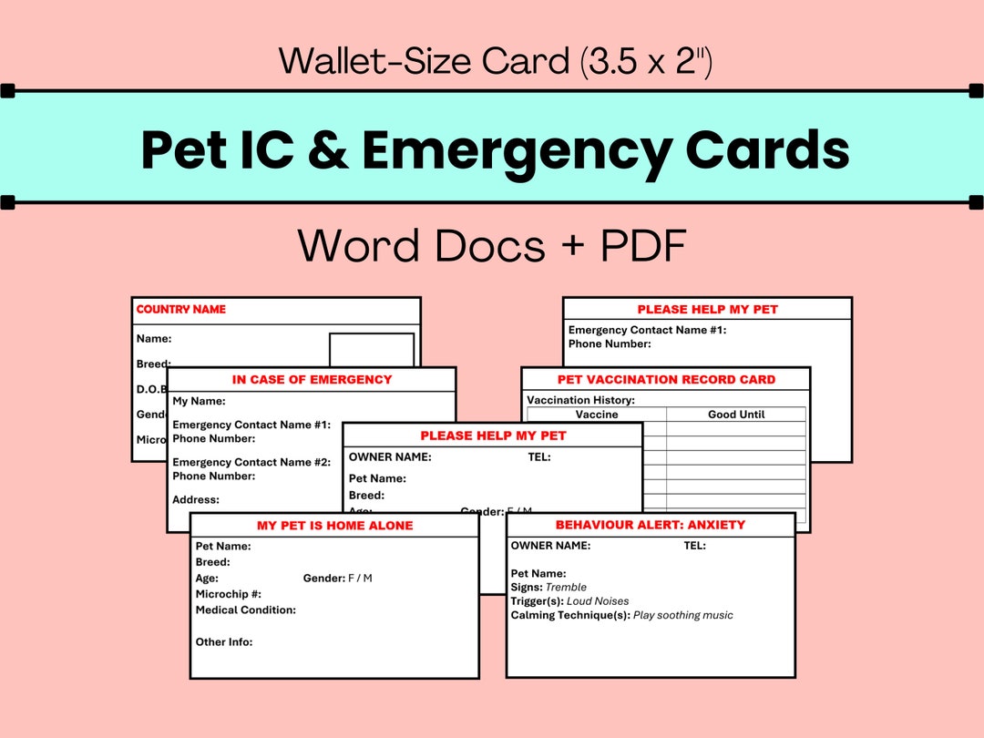 Printable Pet Emergency Contact Card Template for Owners and Pets ...