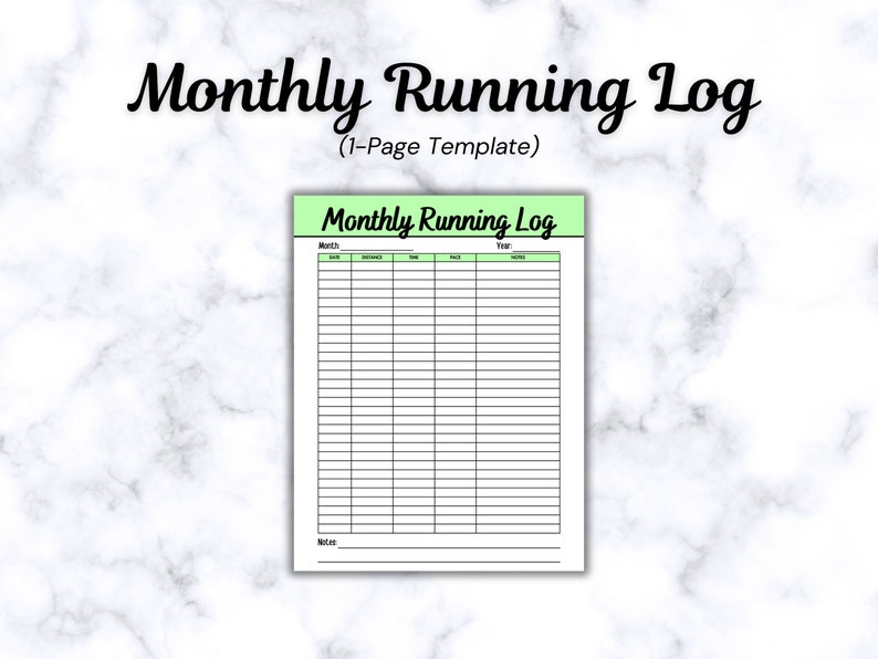 Printable Monthly Running Log Template green, Digital Monthly Running ...