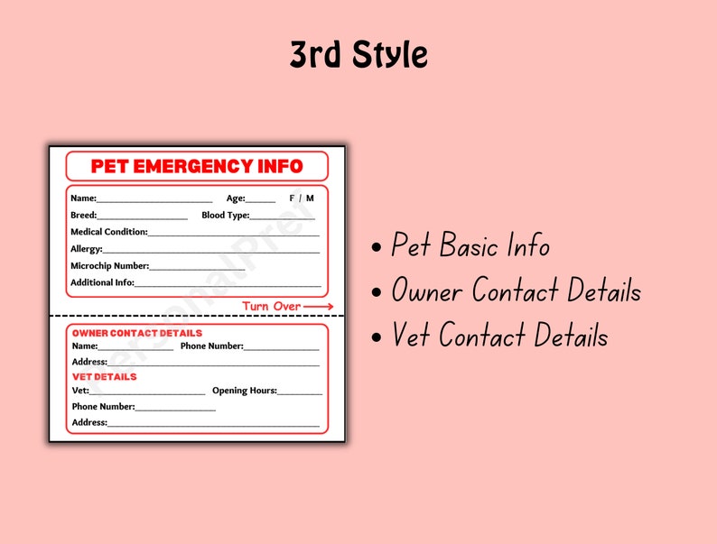 Printable Pet Emergency Contact Card Template, Wallet Size Pet and ...
