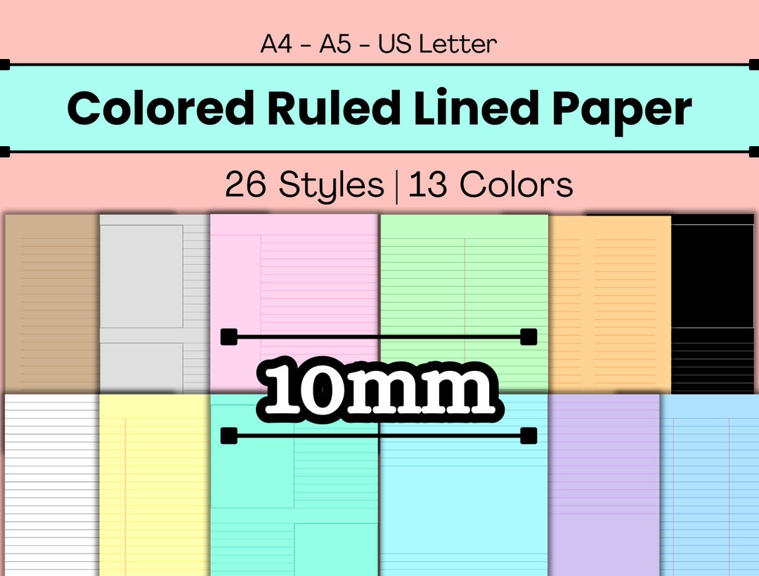 Printable 10mm Colour Wide Ruled Lined Paper Pack PDF Template, A4 A5 ...