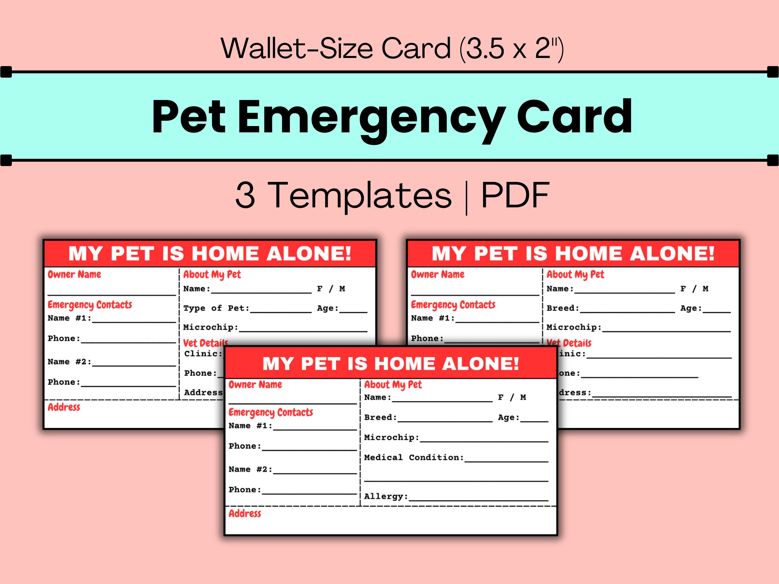 Printable Pet Emergency Contact Card Template, Wallet Size Pet Home ...