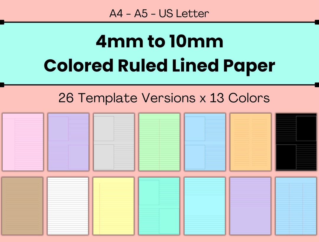 Printable Coloured Ruled Lined Paper Pack PDF Template Bundle, 4mm 5mm ...