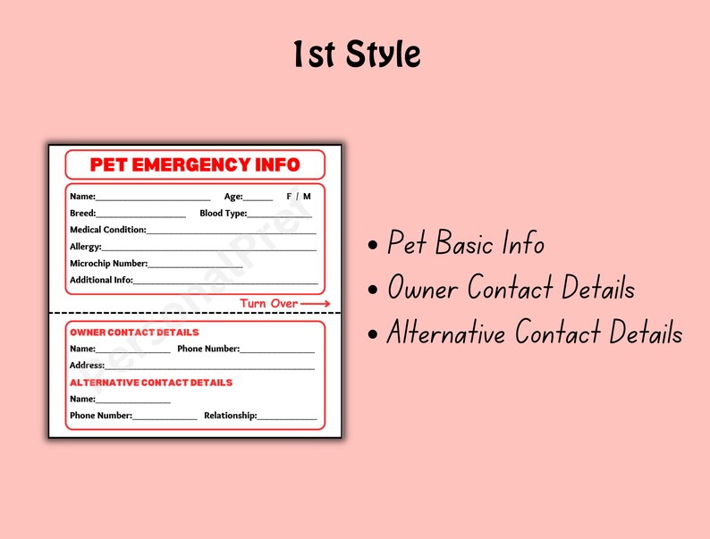 Printable Pet Emergency Contact Card Template, Wallet Size Pet and ...