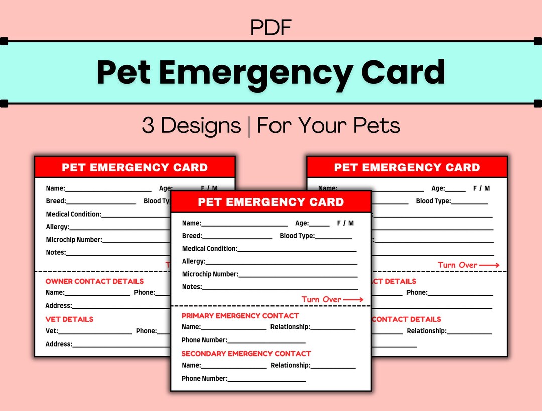 Printable Pet Emergency Contact Card Template, Pet Information ID ...