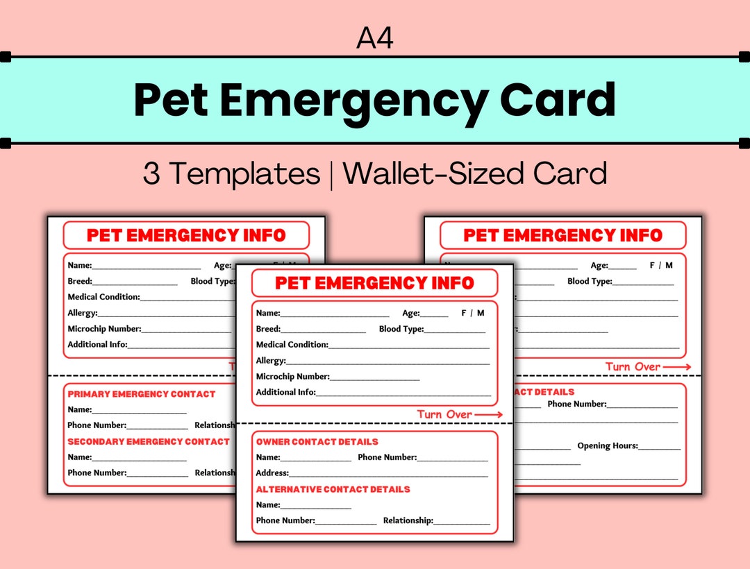 Printable Pet Emergency Contact Card Template, Wallet Size Pet and ...