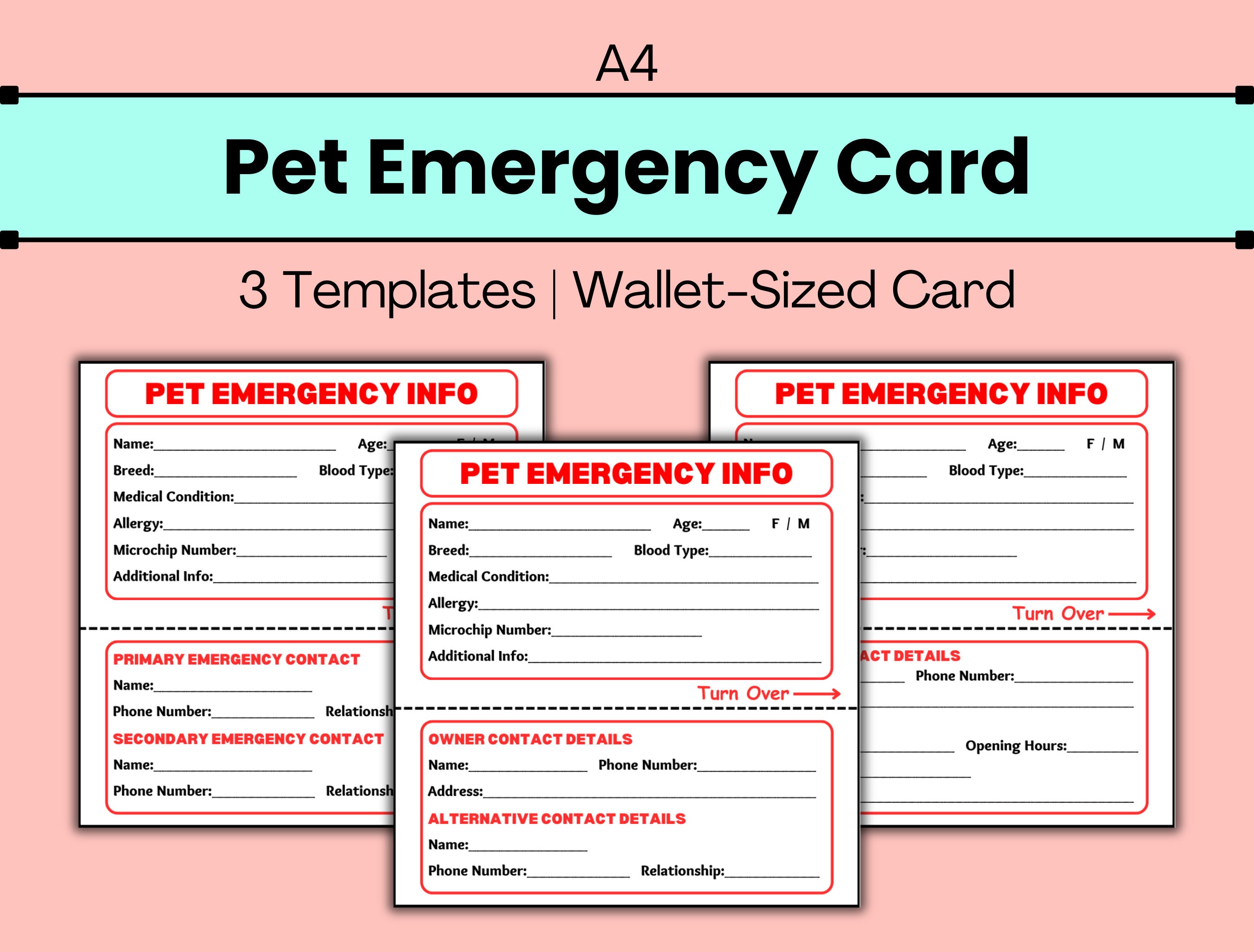 Printable Pet Emergency Contact Card Template, Wallet Size Pet and ...