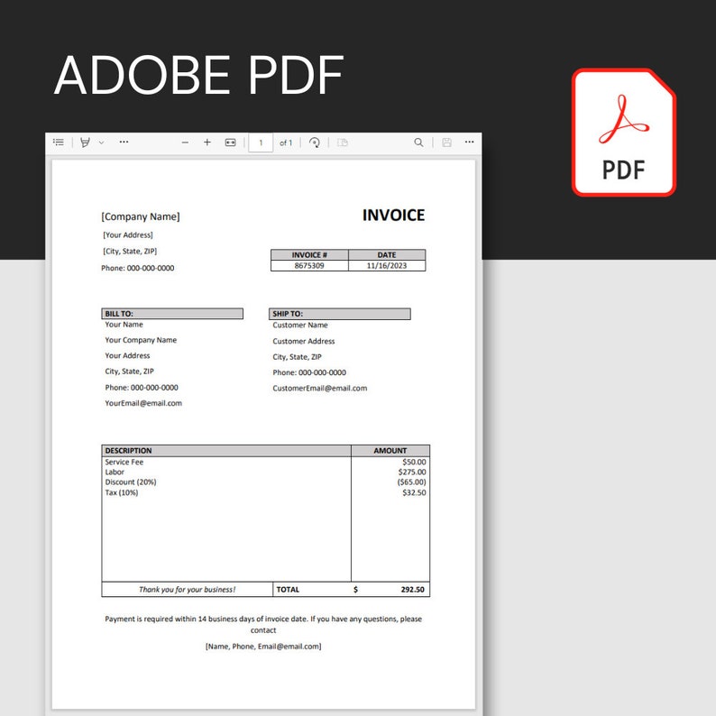 Invoice Template PDF, Editable Printable Invoice Microsoft Word/excel ...
