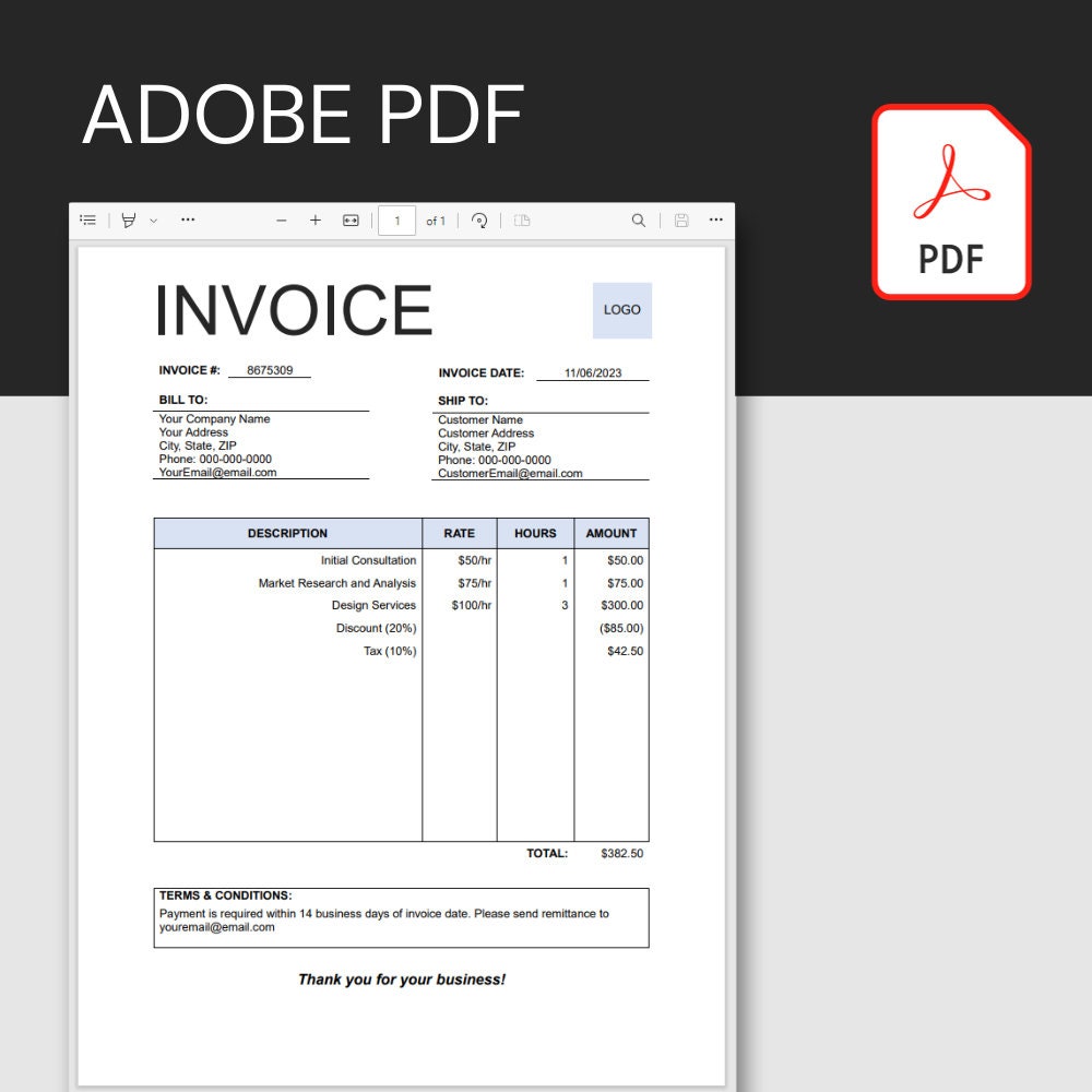 Invoice Template PDF, Editable Printable Invoice Microsoft Word Excel ...