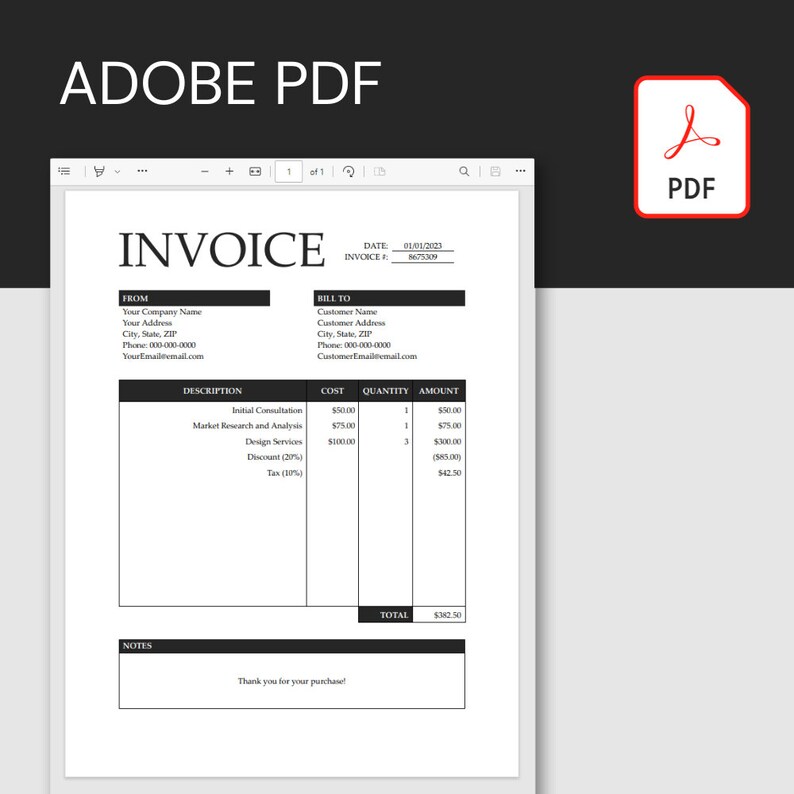 Invoice Template PDF, Editable Printable Invoice Microsoft Word/excel ...