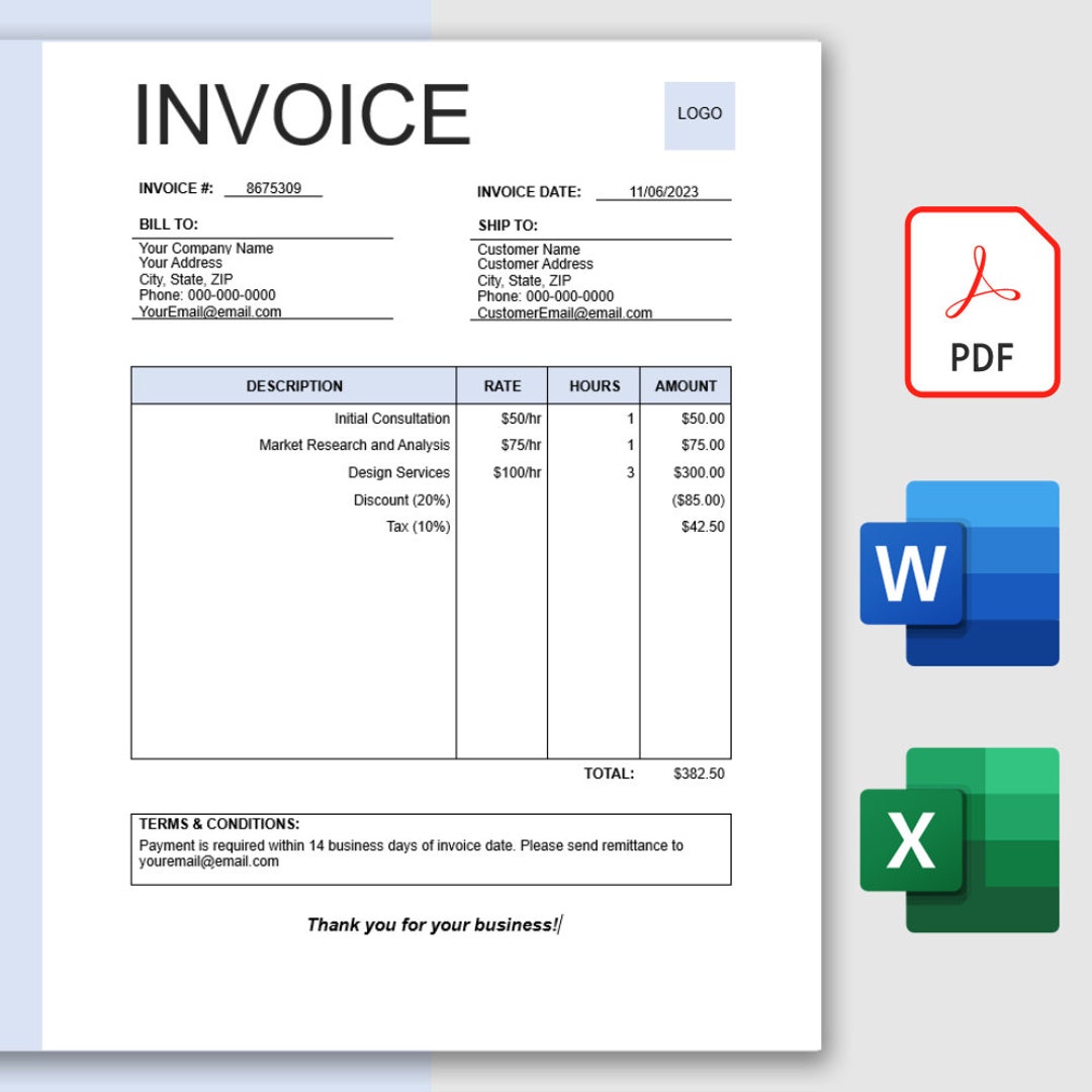 Invoice Template PDF, Editable Printable Invoice Microsoft Word Excel ...