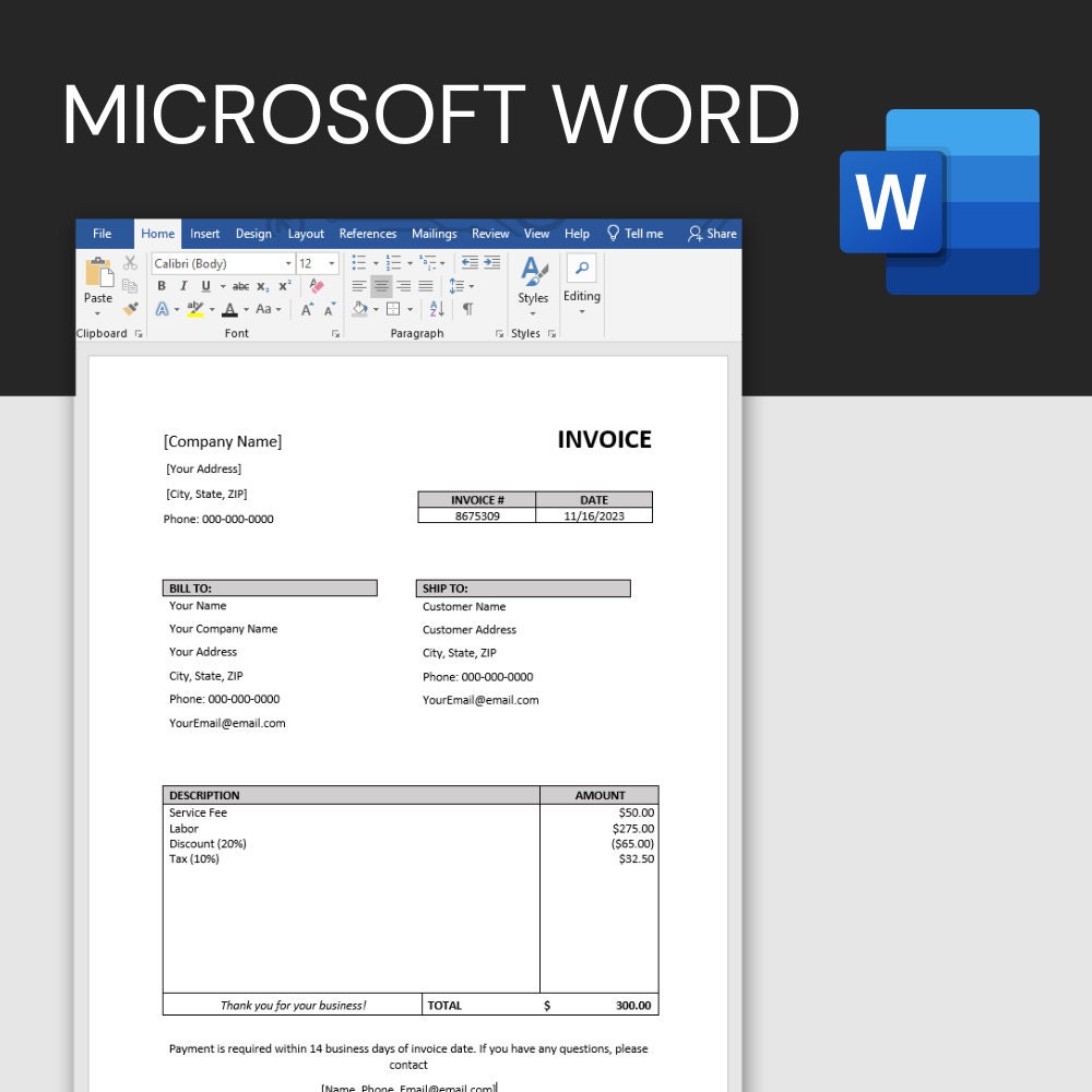 Invoice Template PDF, Editable Printable Invoice Microsoft Word/excel ...