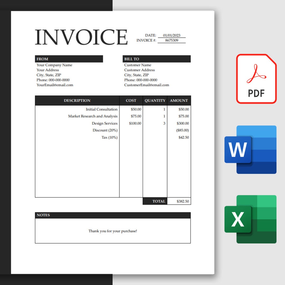 Invoice Template PDF, Editable Printable Invoice Microsoft Word/excel ...