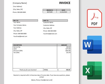 Printable Invoice Template Excel/pdf - Etsy