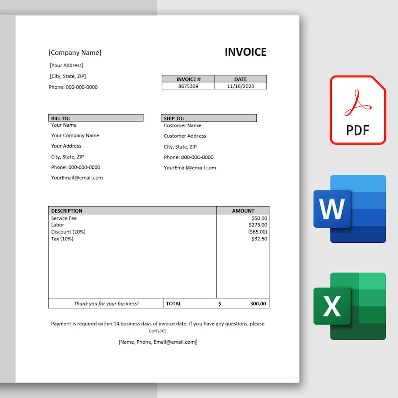 Invoice Template PDF, Editable Printable Invoice Microsoft Word/excel ...