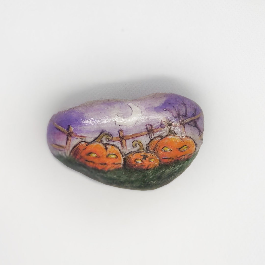Halloween Cartoon Pumpkins Handdrawn Art on a Pebble Stone - Etsy