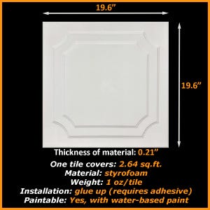Ceiling Tile, Styrofoam, Glue Up, 20x20 - R8 - Plain White - Pack of 8 ...
