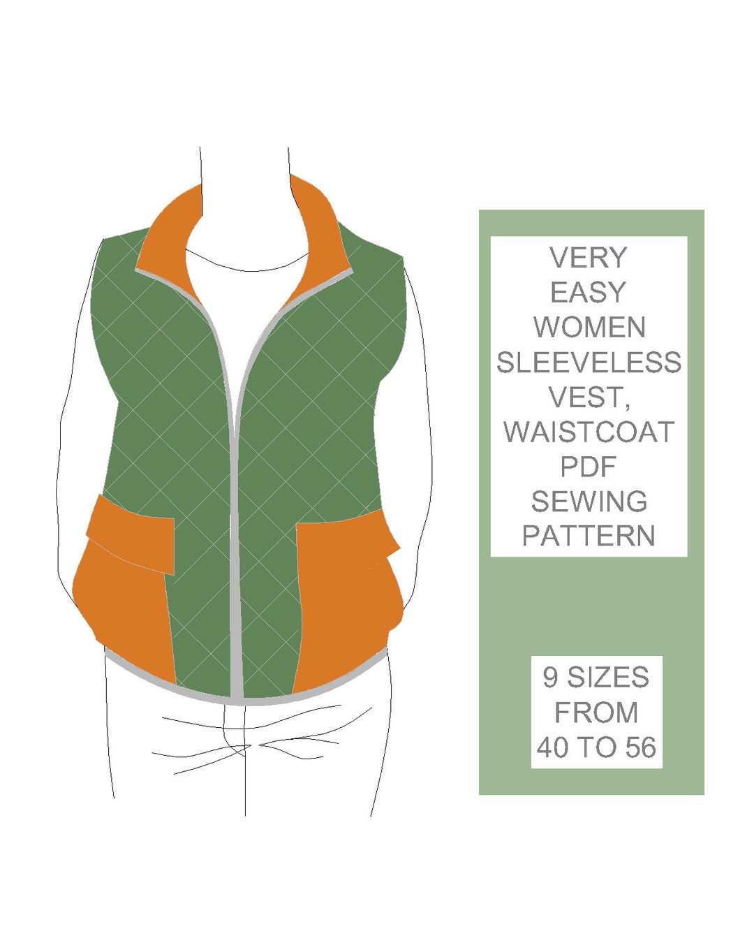 Sleeveless Vest PDF Sewing Pattern – Plus Sizes, 40 to 56, (pattern ...