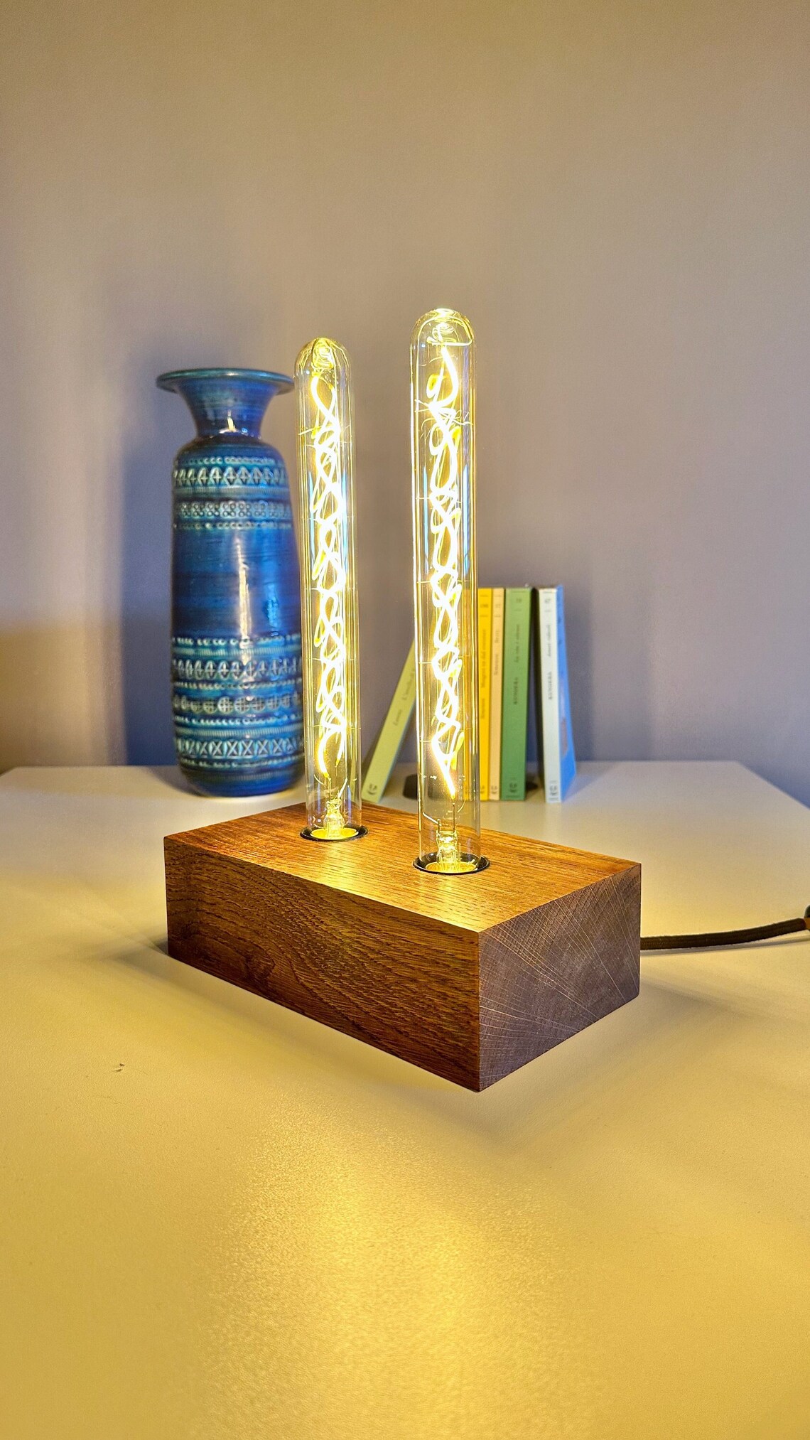 Double Edison Tube Table Lamp in Vintage Style Walnut Wood Oil Finished ...