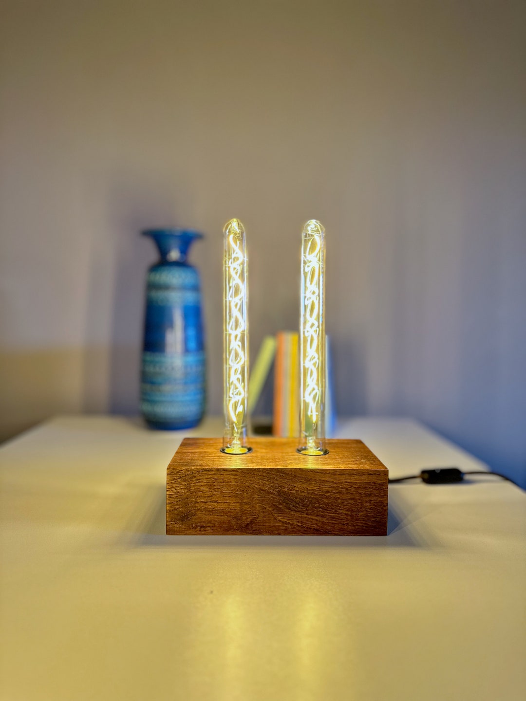 Double Edison Tube Table Lamp in Vintage Style Walnut Wood Oil Finished ...