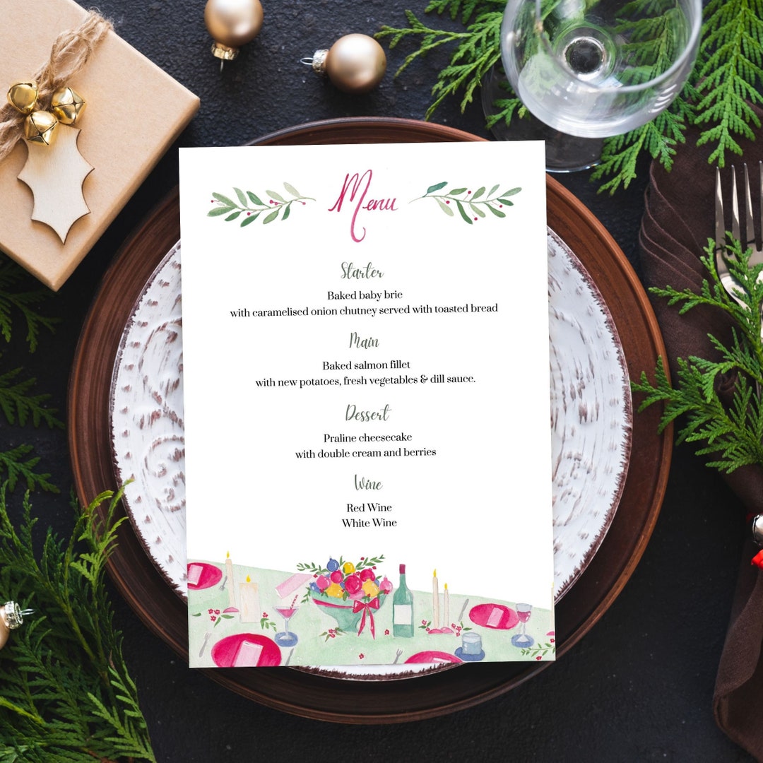 Christmas Dinner Party Set Menu - Watercolour Editable Canva Template ...