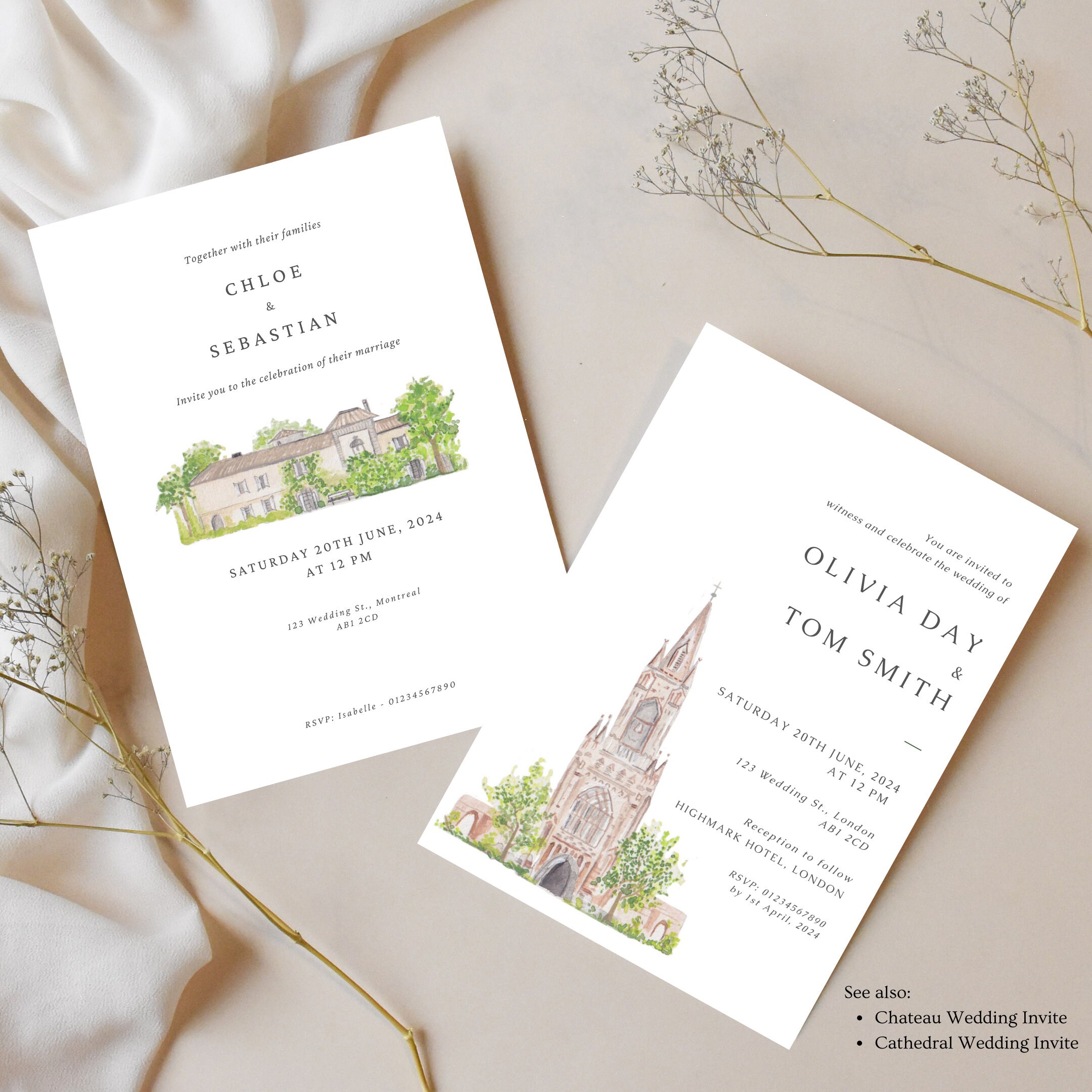 Town Church Wedding Invitation - Watercolour Painting Editable Canva ...
