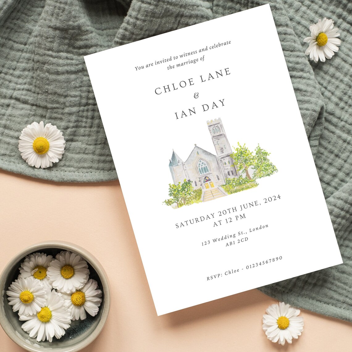 Town Church Wedding Invitation - Watercolour Painting Editable Canva ...