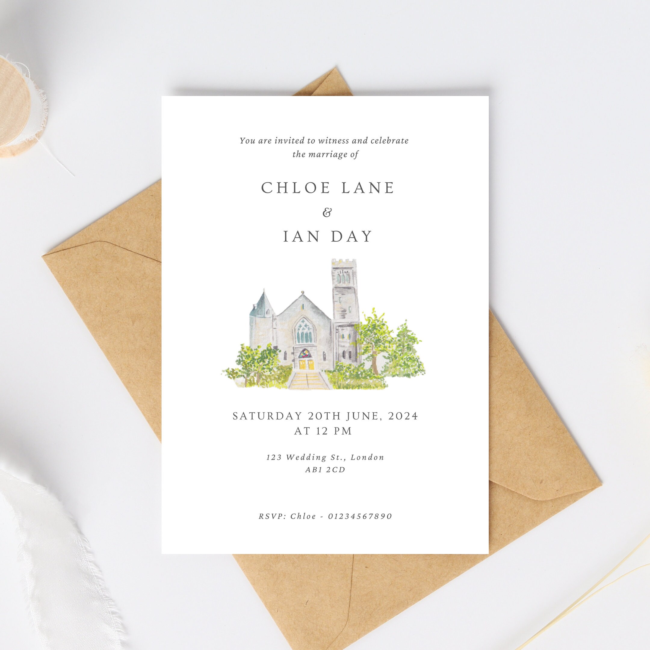 Town Church Wedding Invitation - Watercolour Painting Editable Canva ...