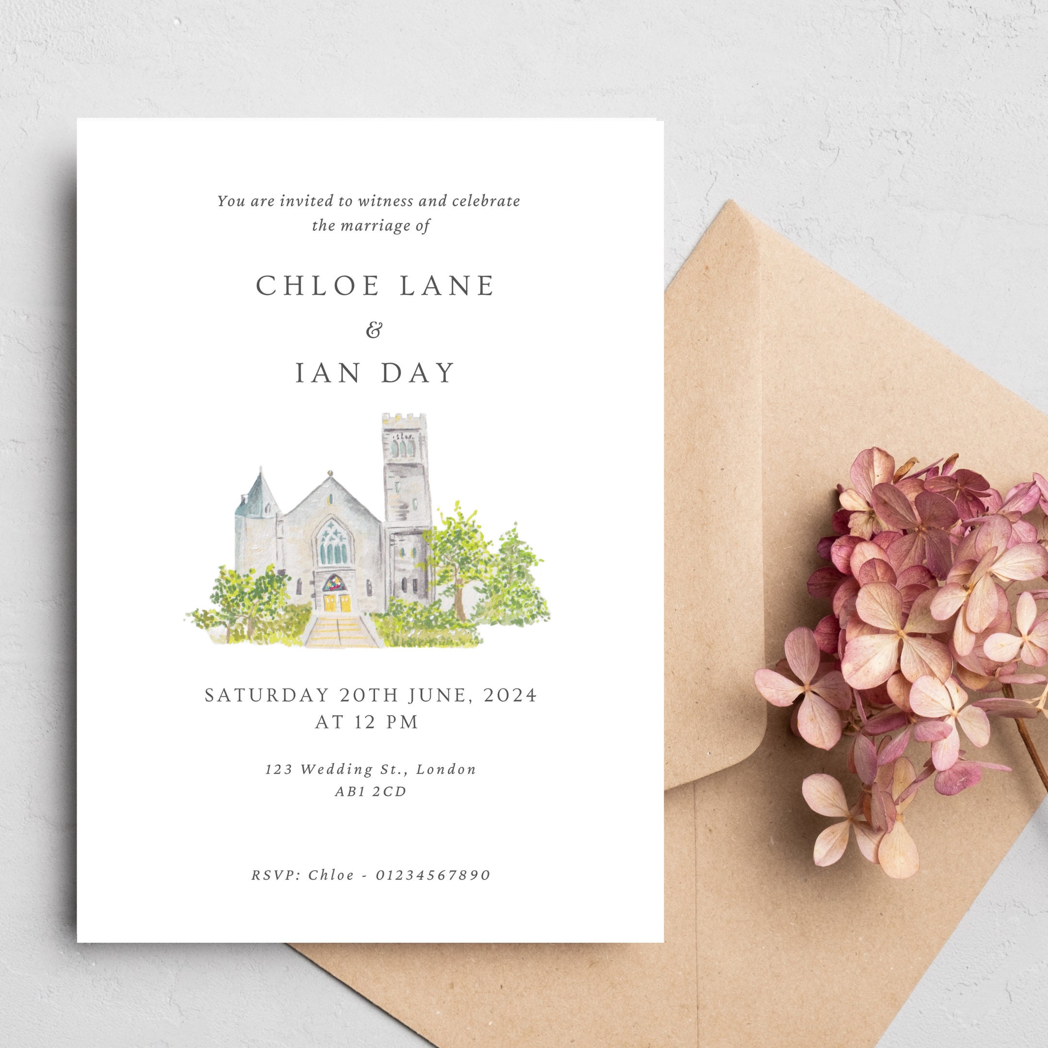 Town Church Wedding Invitation - Watercolour Painting Editable Canva ...