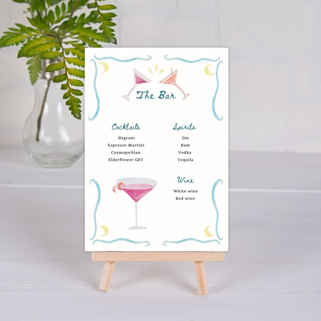 Dinner Party Moon Set, Bar Menu - Watercolour Editable Canva Template ...