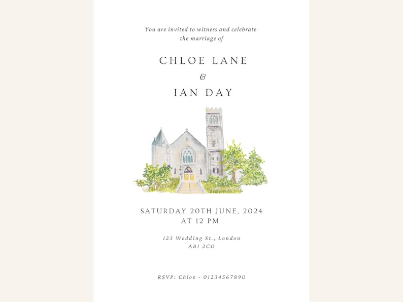 Town Church Wedding Invitation - Watercolour Painting Editable Canva ...