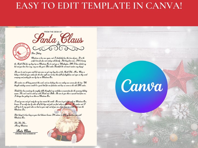 DIGITAL/PRINTABLE Editable Template Letter From Santa, Custom Santa ...