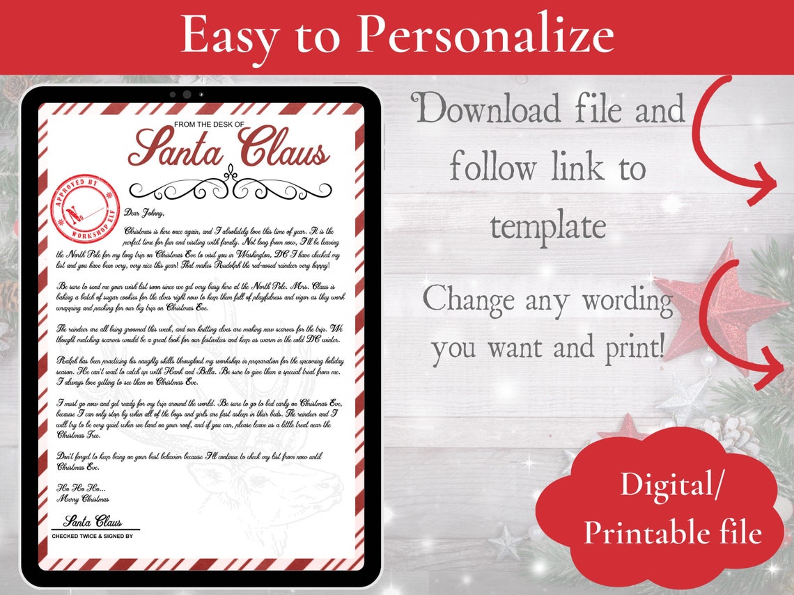 DIGITAL/PRINTABLE Editable Template Letter From Santa, Custom Santa ...