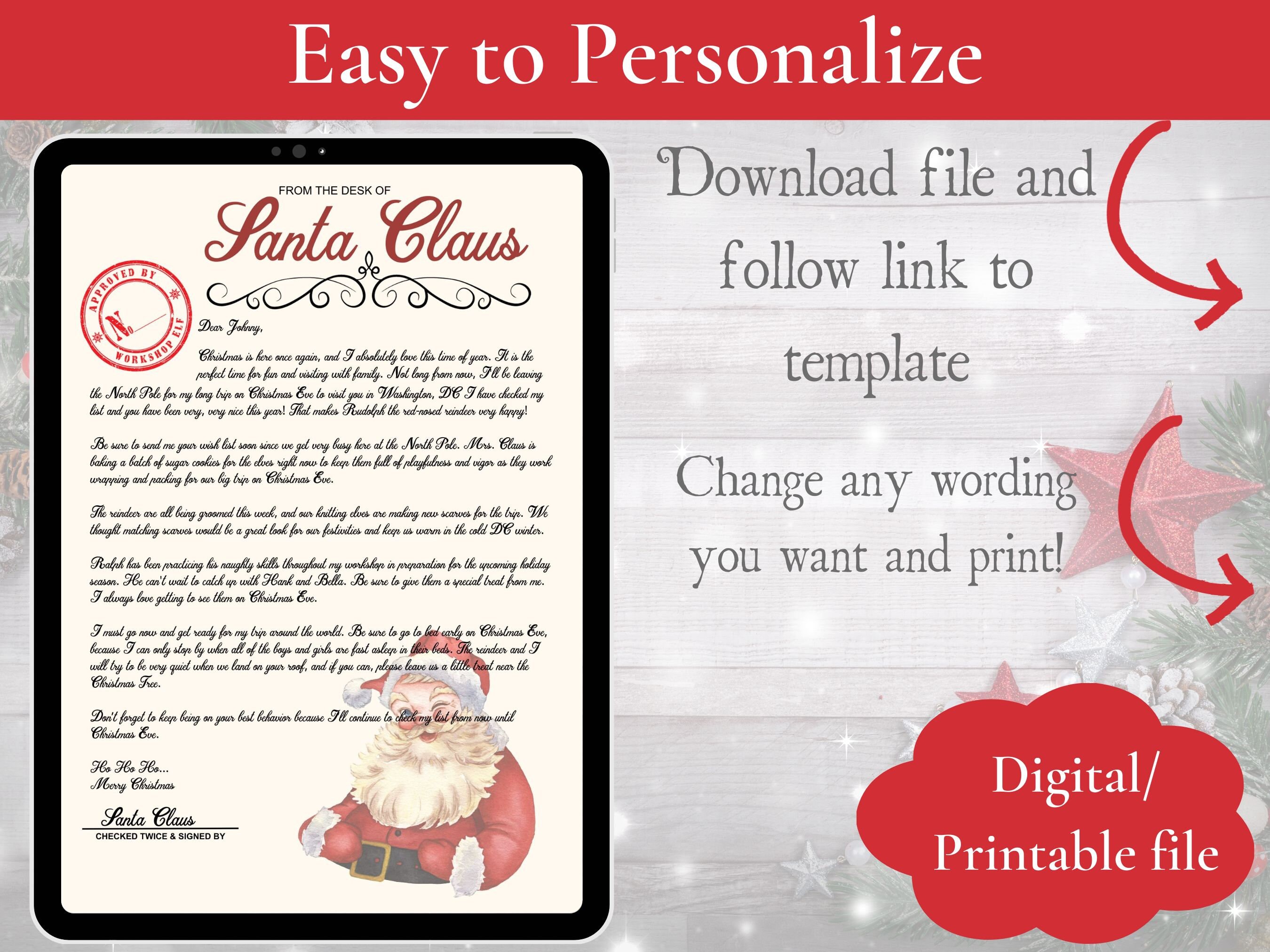 DIGITAL/PRINTABLE Editable Template Letter From Santa, Custom Santa ...