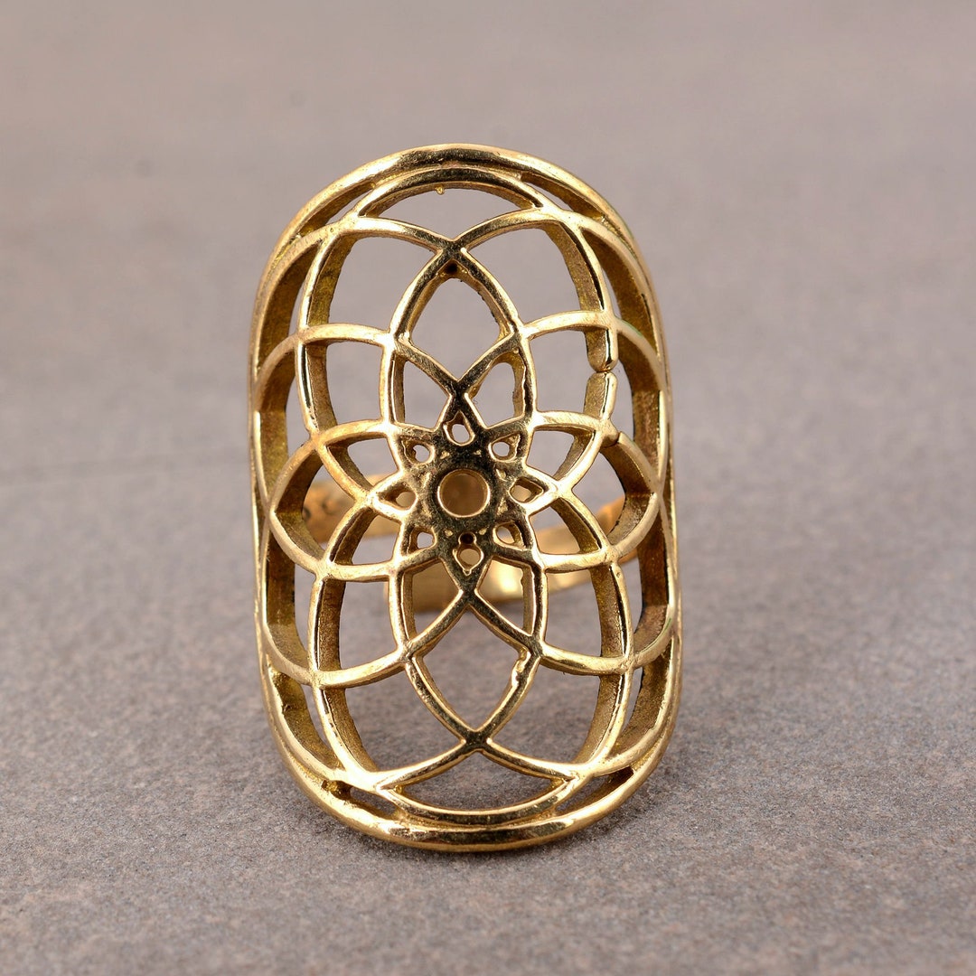 Flower of Life Ring - Brass Ring - Sacred Geometry Ring - Gold Flower ...