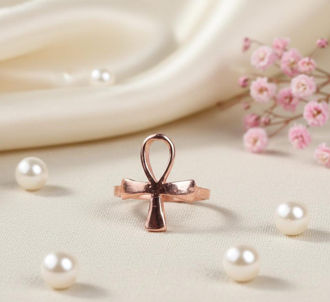 Brass Rose Gold Ankh Ring, Egyptian Ankh Cross Ring, Spiritual Symbol ...