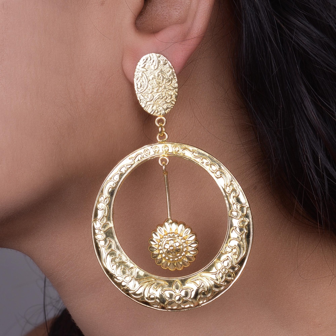Chunky Round Drop Earrings, 18k Gold Plated Big Round Dangle Earrings ...