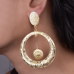 Chunky Round Drop Earrings, 18k Gold Plated Big Round Dangle Earrings ...