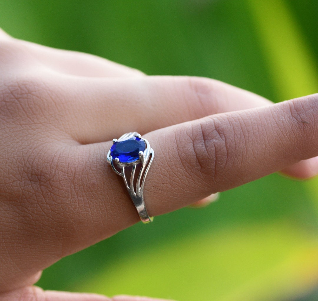Sapphire Blue Glass Oval Large Cocktail Statement Finger Ring Jewel Gem ...