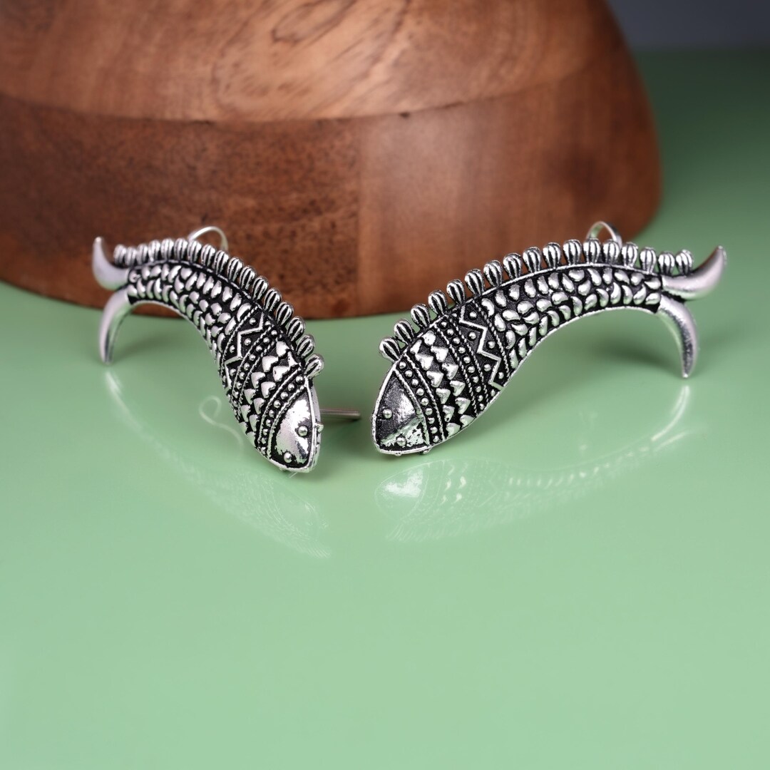 Fish Ear Cuff Earring, Brass Oxidized Silver Finish, Tribal Boho Ear ...