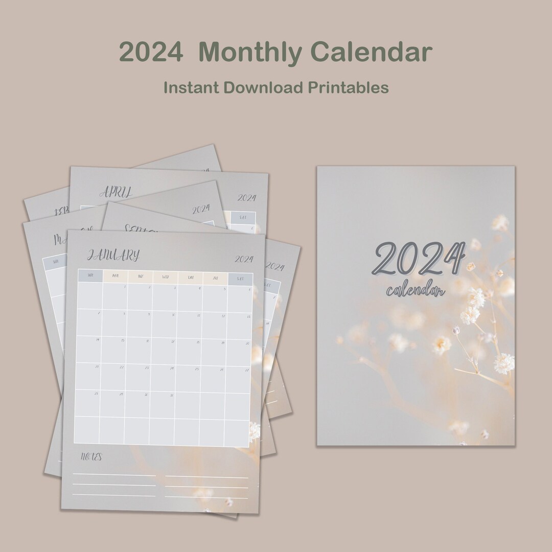 Pastel Grey Calendar 2024 Monthly Planner Calendar Printable - Etsy