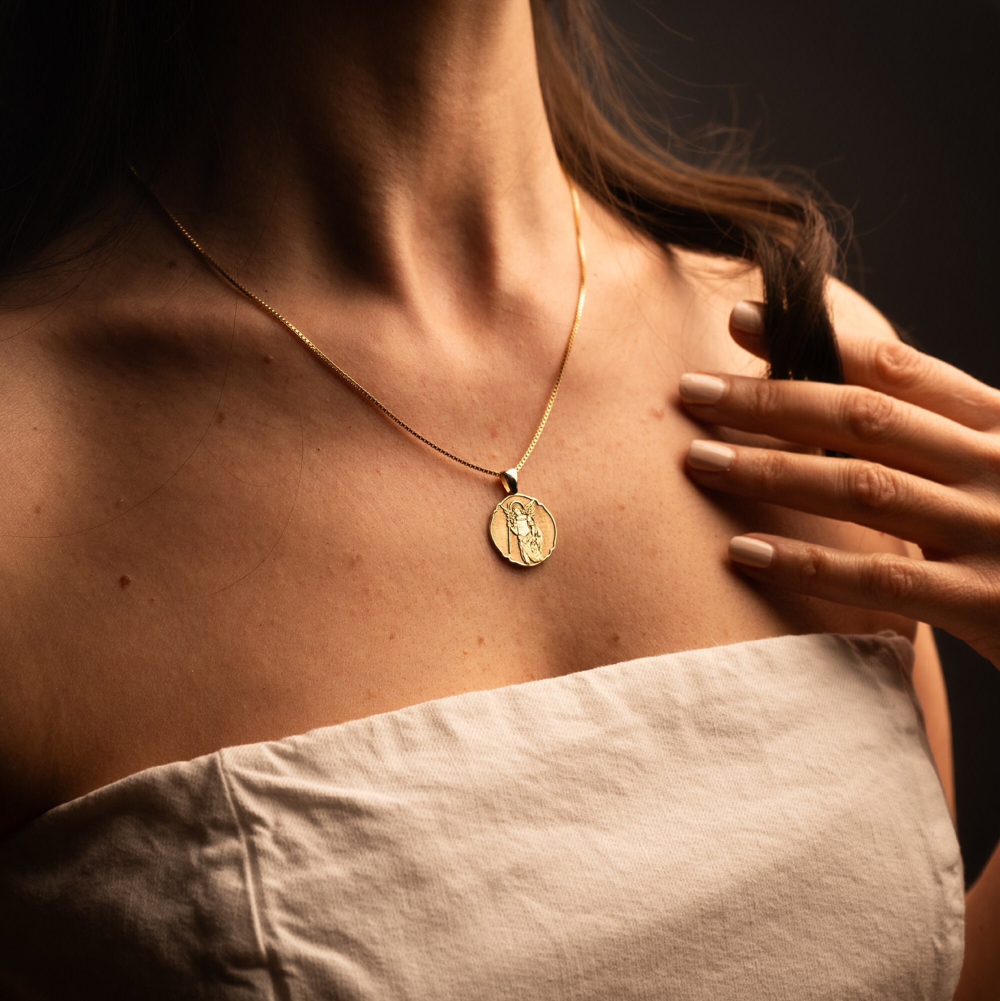 Handmade 14K Gold Angel Necklace, St Michael and Raphael Medal With Scapular for Loss of Loved ...