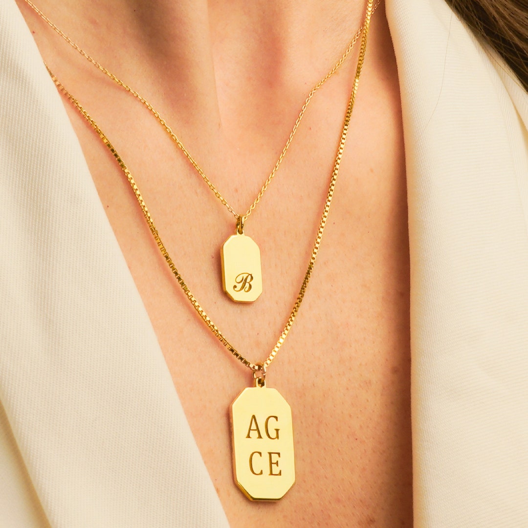 Custom Gold Dog Tag Necklace With Engraved Initials, Personalized ...