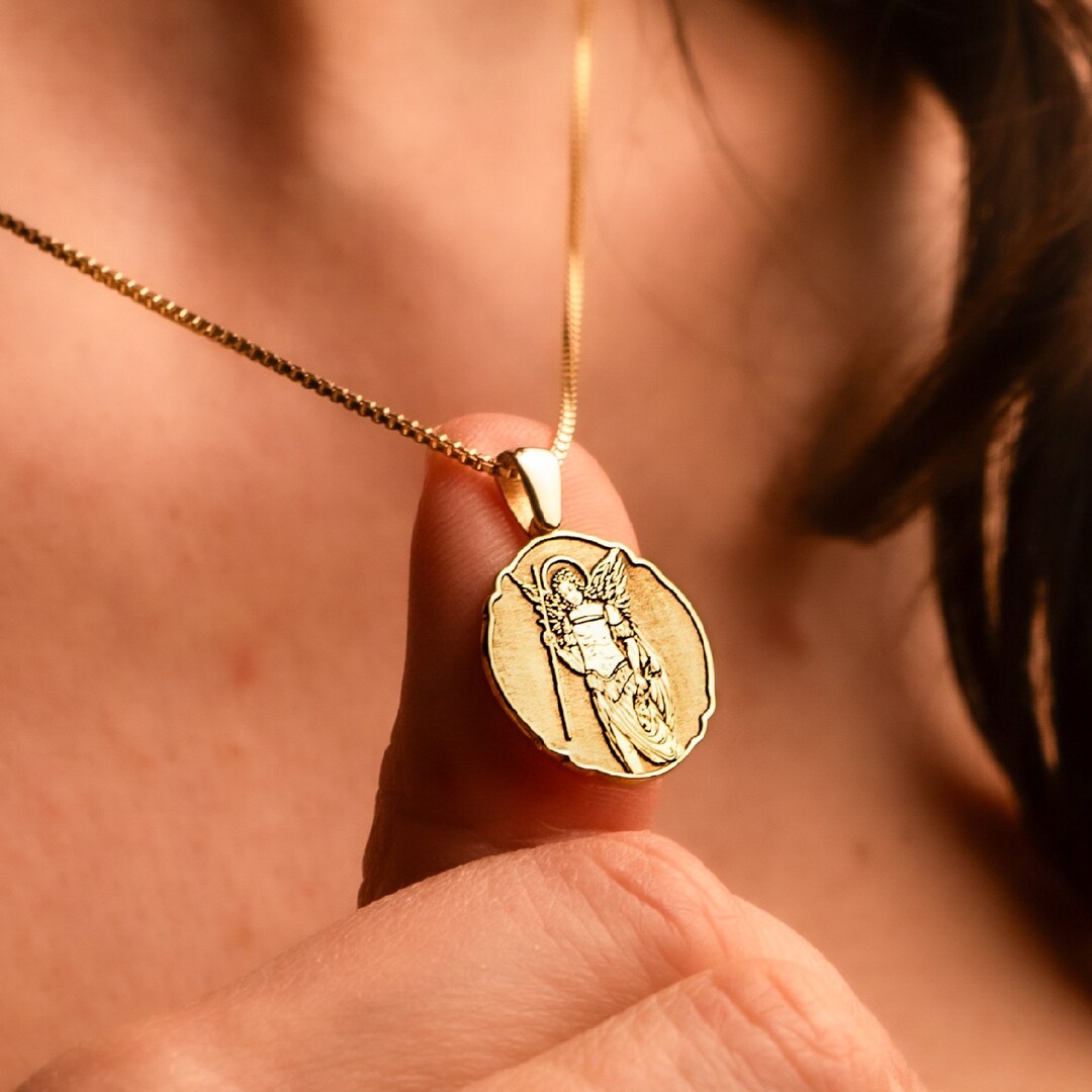 Handmade 14K Gold Angel Necklace, St Michael and Raphael Medal With ...