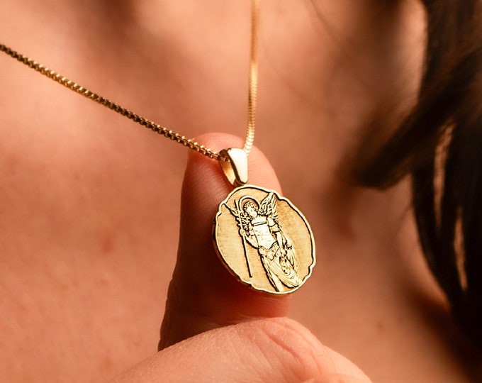 Handmade 14K Gold Angel Necklace, St Michael and Raphael Medal With ...