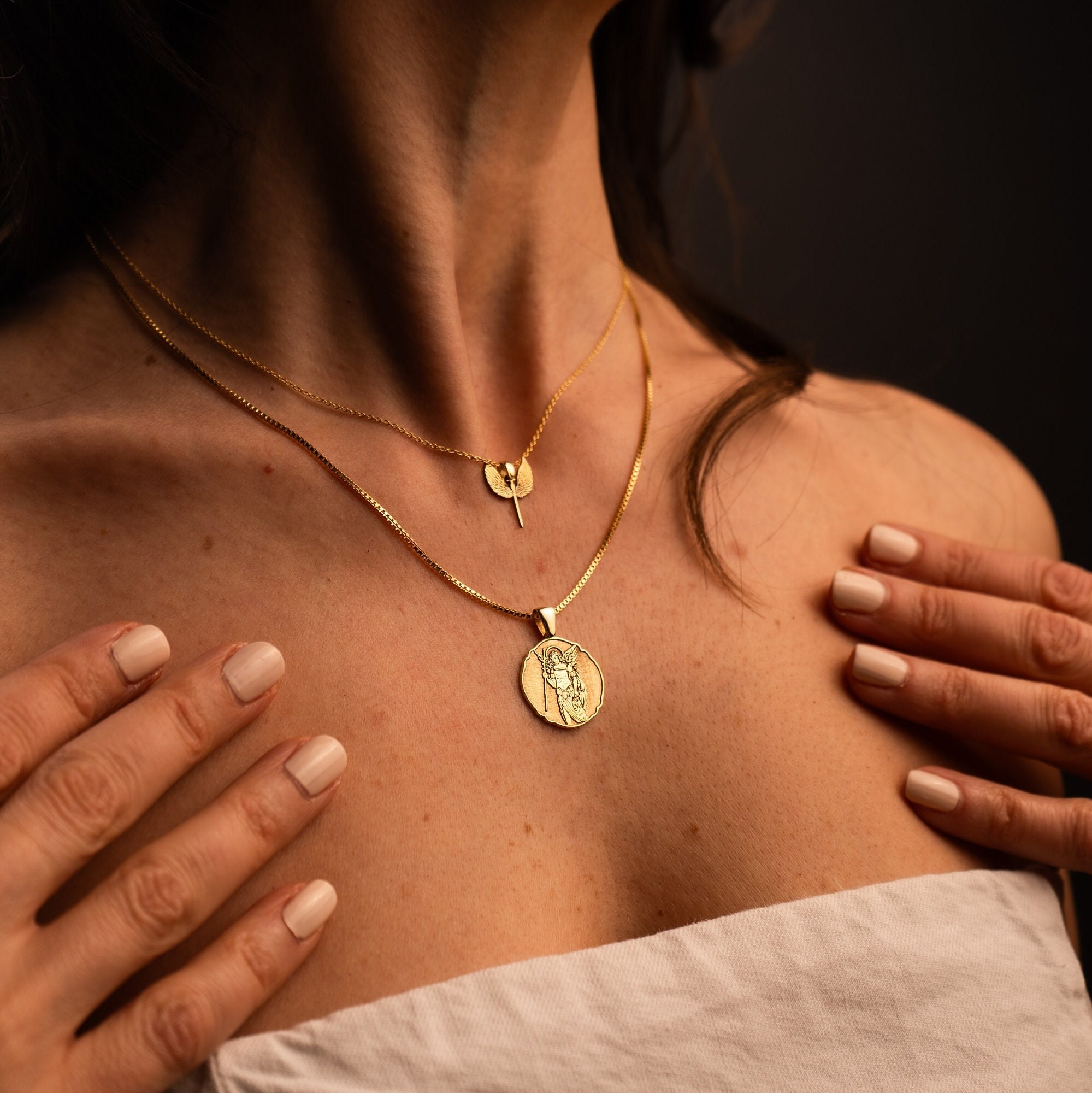 Handmade 14K Gold Angel Necklace, St Michael and Raphael Medal With Scapular for Loss of Loved ...