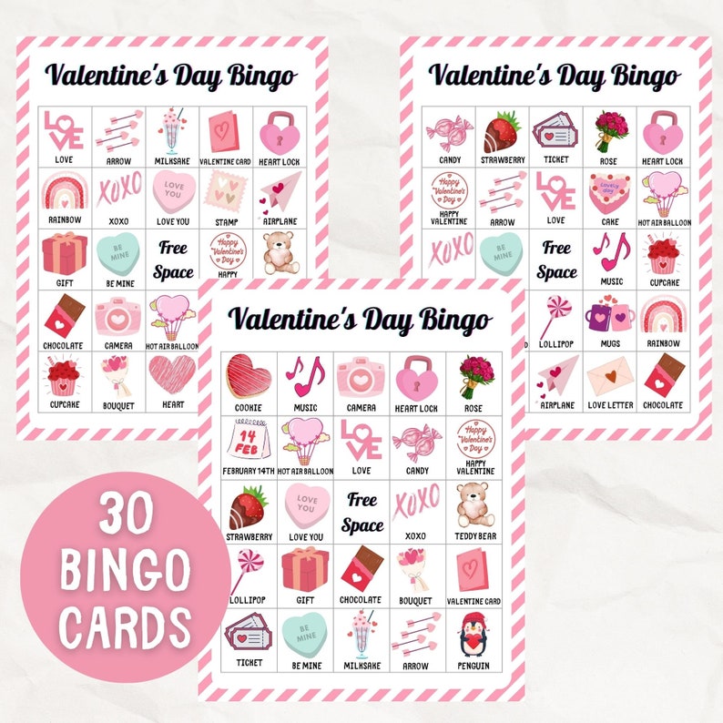 Valentine's Day Bingo, 30 Printable Valentine's Bingo Card, Valentine's ...