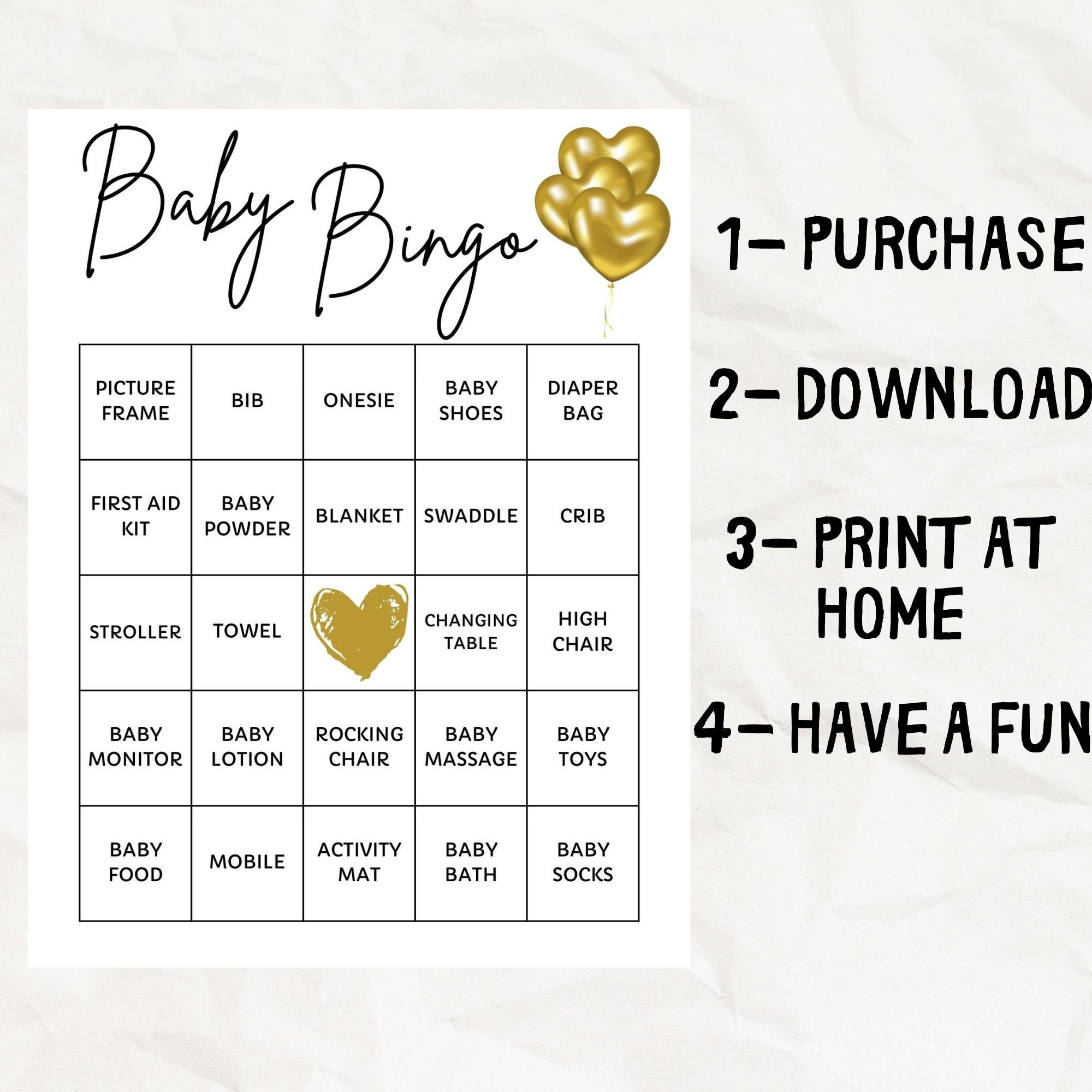 50 Baby Shower Bingo Cards, Printable Baby Gold Bingo Game Cards ...