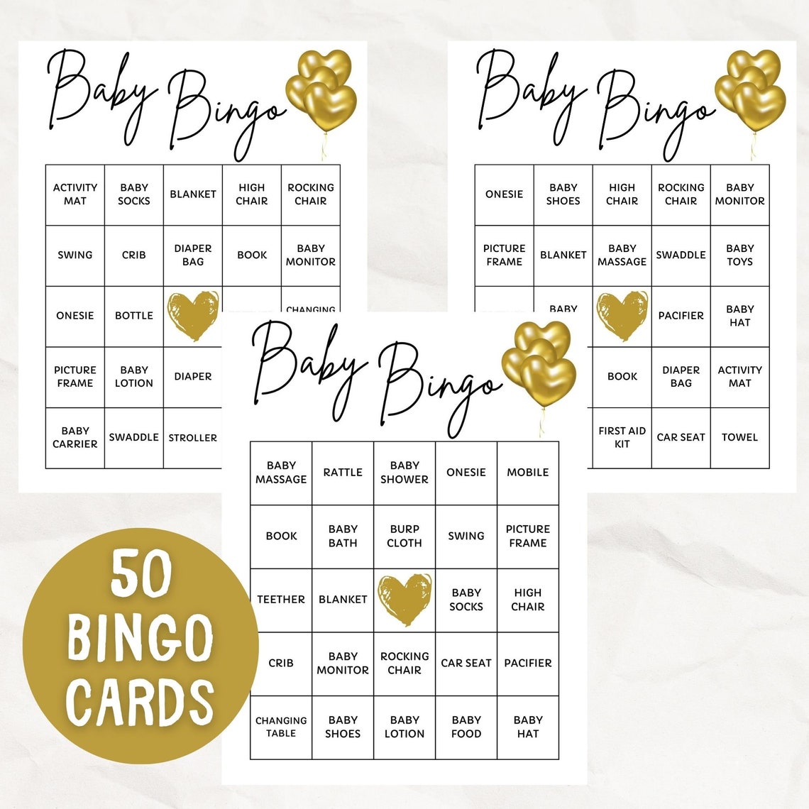 50 Baby Shower Bingo Cards, Printable Baby Gold Bingo Game Cards ...