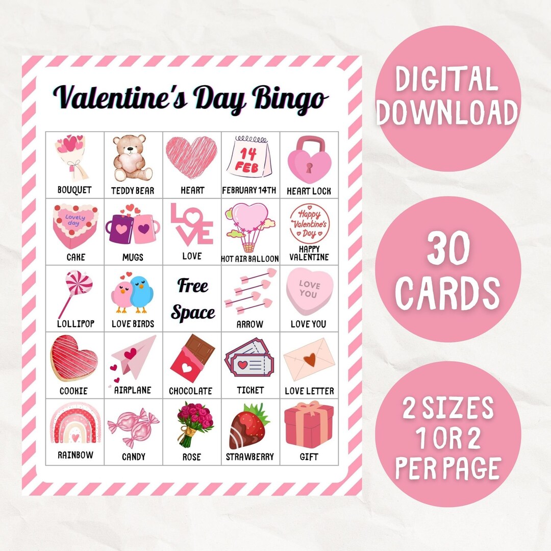Valentine's Day Bingo, 30 Printable Valentine's Bingo Card, Valentine's ...