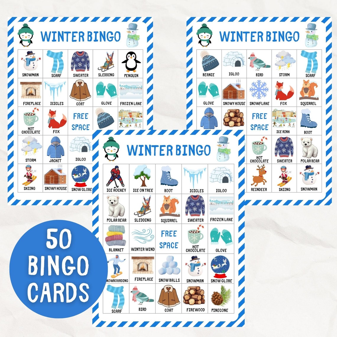 Winter Bingo, 50 Winter Bingo Cards, Winter Activity for Kids, Winter ...